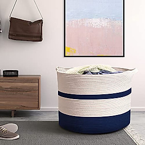 Mtesbonnie Large Cotton Rope Basket 21.7" x 21.7" x 13.8" Blanket Holder Basket Nursery Baby Laundry Basket Woven Soft Toy Storage Basket with Handle for Comforter Cushions Thread Home Decor Basket