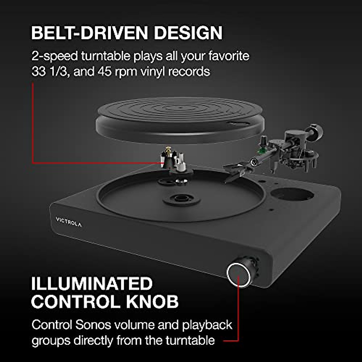 Victrola Stream Onyx Turntable - 33-1/3 & 45 RPM Vinyl Record Player, Works with Sonos Wirelessly, High Precision Magnetic Cartridge, Semi-Automatic, Multiple Connections, Black Matte Finish