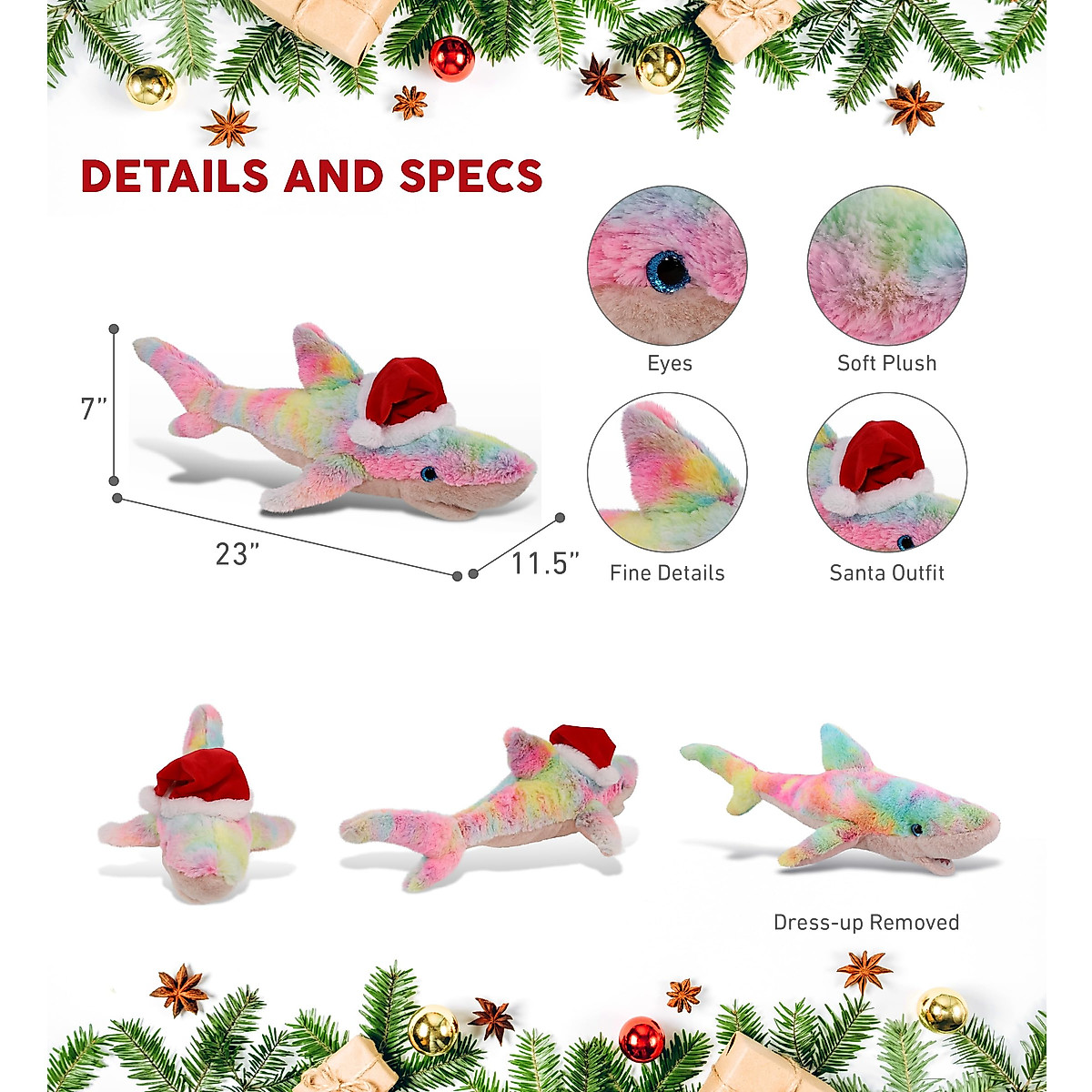 DolliBu Santa Large Rainbow Shark Stuffed Animal Plush Toy - Wild Animal Dress Up with Red Santa Claus Hat, Cute Wildlife Gift, Perfect Holiday with Name Personalization - 23 Inches