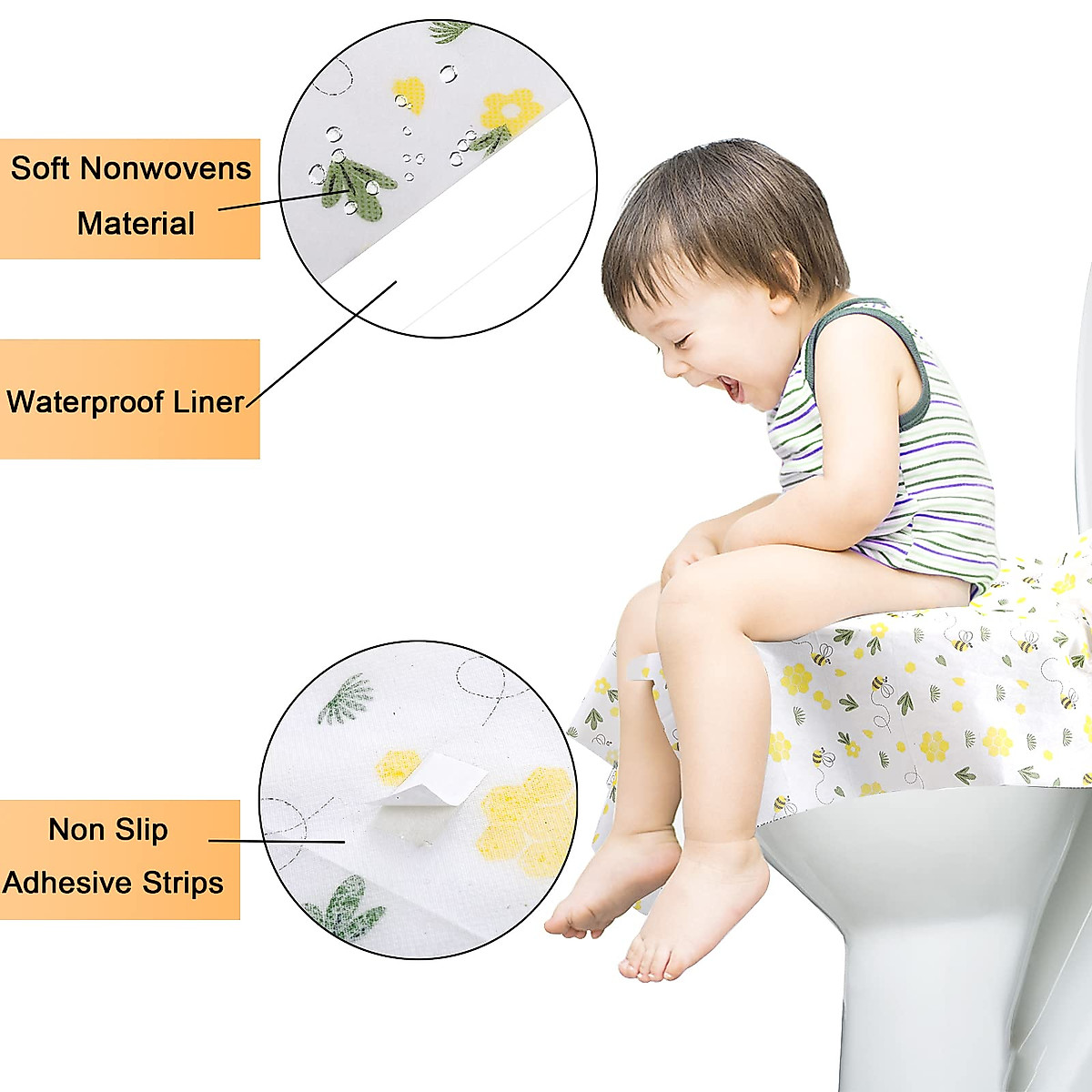 Tebery 30 Pack Extra Large Disposable Toilet Seat Covers, Lovely Bee Printed Potty Seat Covers for Toddlers, Kids, and Adults - Waterproof, Portable, Individually Wrapped for Travel
