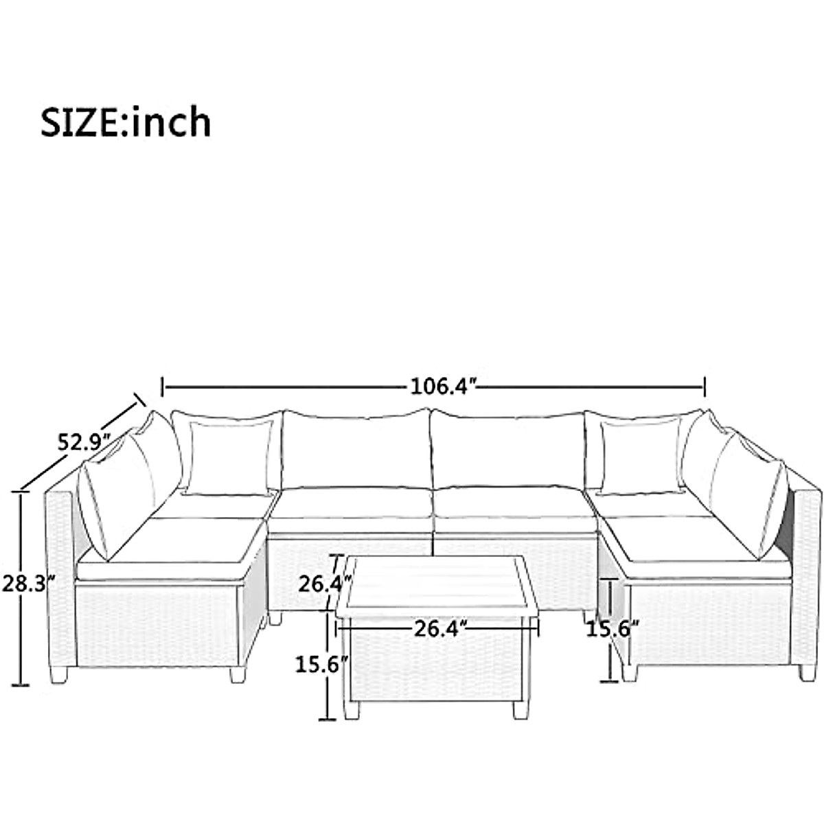 GAOPAN 7 Piece Garden Outdoor Modular Wicker Furniture Set, Sectional Rattan Sofa Patio Lounge & Deep Seating Conversation Furnishings with Cushions,Accent Pillows & Coffee Table, White+Black