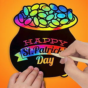 UJSGK St. Patrick's Day Scratch Paper Arts Crafts for Kids 12PCS Scratch Paper Art Set St Patrick Lucky Clover Green Scratch Off Cards Festivals Magic Rainbow Scratch Art Accessories