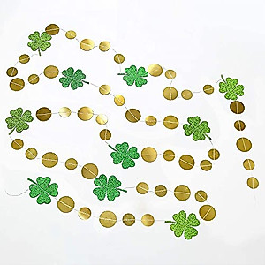 Pink Forest Glitter Green Shamrock Clover Garland with Gold Circle Dots Hanging Streamer for Irish St Patrick’s Day Decoration Spring Baby Shower Birthday Party Supplies