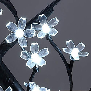 Lxcom Lighting LED Cherry Blossom Bonsai Tree 18” 48 LEDs Plug-in Desk Top Bonsai Lighted Tree Artificial Crystal Flower Light Table Lamp Adjustable Black Branches for Party Wedding Home Decor, White