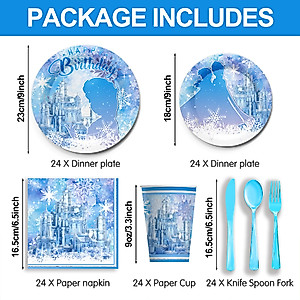 Piooluialy Frozen Birthday Party Supplies Tableware - Frozen Themed Party Decorations Include Dinner Plates, Cups, Napkins, Cutlery, Snow Frozen Baby Shower Birthday Party Decorations | 24 Guests