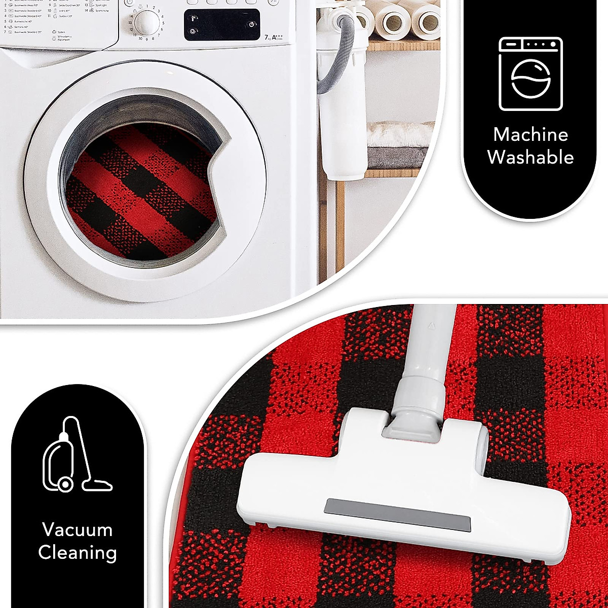 Dephora Kitchen Rugs and Mats Non Skid Washable Set of 2 Anti Fatigue Buffalo Plaid Check Water Absorb Microfiber Runner Rug for Kitchen Floor Front of Sink, Bathroom,17"x48"+17"x24", Black and White