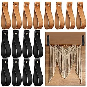 16 Pcs Artificial Leather Wall Hooks 1 x 4.7 Inches Wall Hanging Strap Wall Mounted Loop for Hanging Leather Strap Hangers for Bathroom Kitchen Bedroom Towel Holder Supplies, Black and Brown