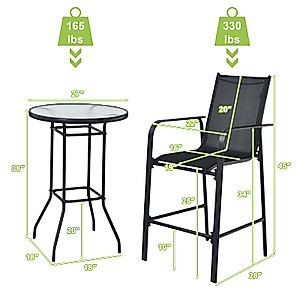 Tangkula 3 Pieces Outdoor Patio Bar Set, Outdoor Bistro Set with 2 Bar Stools and 1 Tempered Glass Bar Table, Bar Height Patio Table and Stools Set for Backyard, Garden, Lawn (Black)