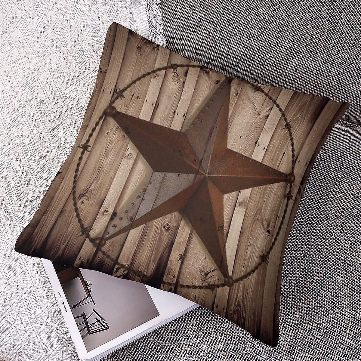 RURALS Set of 2 Western Country Barn Wood Star Decorative Pillow Covers 18x18 Inch Cozy Soft Throw Pillowcase Square Couch Cushion Cover for Home Decor Sofa Living Room Bed Car