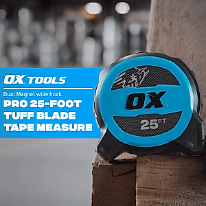 OX Tools Pro TUFF Blade 25 Ft Tape Measure - 1 ¼-Inch Wide Blade, Dual Magnetic Wide Hook & Double Sided Nylon Coated Blade, 13 ft Stand Out, OX-P506025
