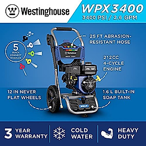 Westinghouse WPX3400 Gas Pressure Washer, 3400 PSI and 2.6 Max GPM, Onboard Soap Tank, Spray Gun and Wand, 5 Nozzle Set, CARB Compliant, for Cars/Fences/Driveways/Homes/Patios/Furniture