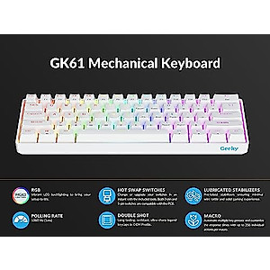 Geeky GK61 60% | Hot Swappable Mechanical Gaming Keyboard | 61 Keys Multi Color RGB LED Backlit for PC/Mac Gamer | ANSI US American Layout (White, Mechanical Red)