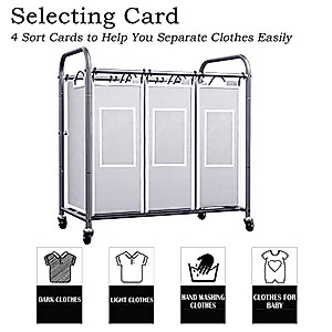 C&AHOME 3-Bag Laundry Sorter Cart, Rolling Laundry Hamper Organizer, Laundry Basket Sorter, Removable Bags with 4 Sorting Cards and Heavy Duty Rolling Lockable Wheel for Clothes Storage, Grey ULSCM03G