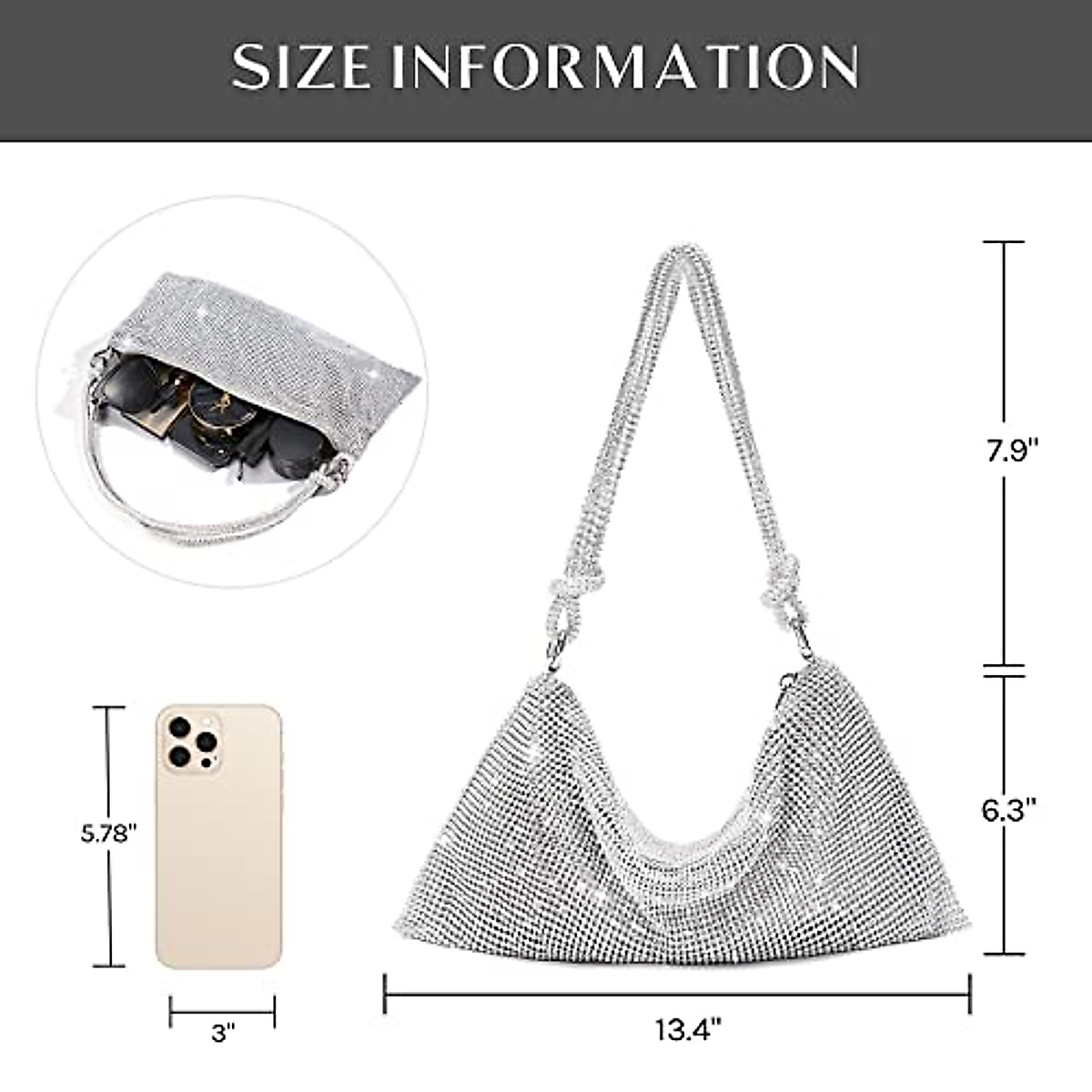 SWEETV Women's Evening Bag,Rhinestone Clutch Purse for Formal/Wedding/Cocktail/Prom/Party/Club,Silver Hobo Bags,Large