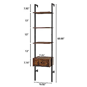 Tajsoon Ladder Shelf, Tall Bookcase with Storage Drawers, 4-Tier Wood Wall Mounted Bookshelf, Open Display Rack, Storage Shelves for Bedroom, Home Office, Collection, Plant Flower, Rustic Brown