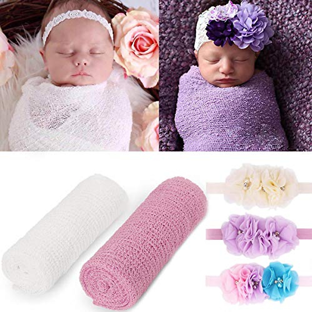 2 Pieces Newborn Baby Photography Props Long Ripple Stretch Wrap DIY Girl Boy Photo Props Blanket with Headbands (White + Purple)