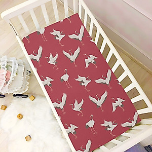 Fitted Playard Sheets Mini Crib Sheets Stretchy for Baby Girl Red Japanese Cranes Soft Neutral
