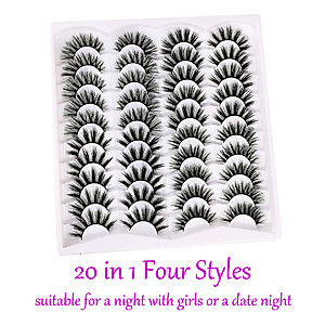 Kisslily 20 Pairs 3D False Eyelashes Pack 4 Styles Mixed Natural Look Wispy Lashes 18MM Long Fluffy Curled Faux Mink Lashes Wholesale(20 Pairs 4 Styles)