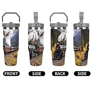 RTFGHJS Steam Locomotive Train 30 Oz Tumbler with Handle And Flip Straw, Stainless Steel Vacuum Insulated Travel Mug, Thermal Cup for Coffee, Water, Iced Drinks, Fits Car Cup Holders (Home, Sports)