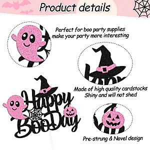 Happy Boo Day Cake Topper Pink and Black Halloween Cake Decoration Halloween Ghost Witches Bat Spider Pumpkin Theme for Kids Girl Birthday Baby Shower Party Supplies