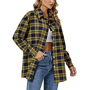 LYANER Women's Long Sleeve Plaid Collar Button Down Boyfriend Shirt Blouse Top Yellow and Blue Large