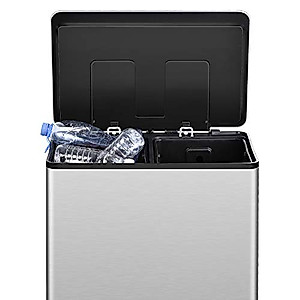 ToiletTree Products Stainless Steel Step Trash Can - 16 Gallon Garbage Bin with Soft Close Lid - Dual Compartment Waste Can with 30 Liters Capacity in Each - Recycling Bin