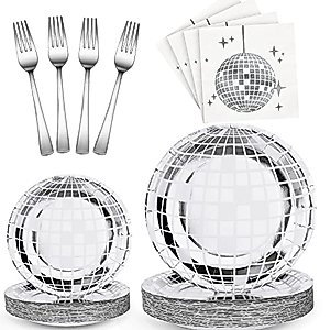 Tanlade 200 Pieces Disco Party Supplies Tableware Set Disco Ball Dinner Plates Napkins Forks for 70s 80s 90s Disco Birthday Rock Roll Dance Music Party 50 Guests (Silver)