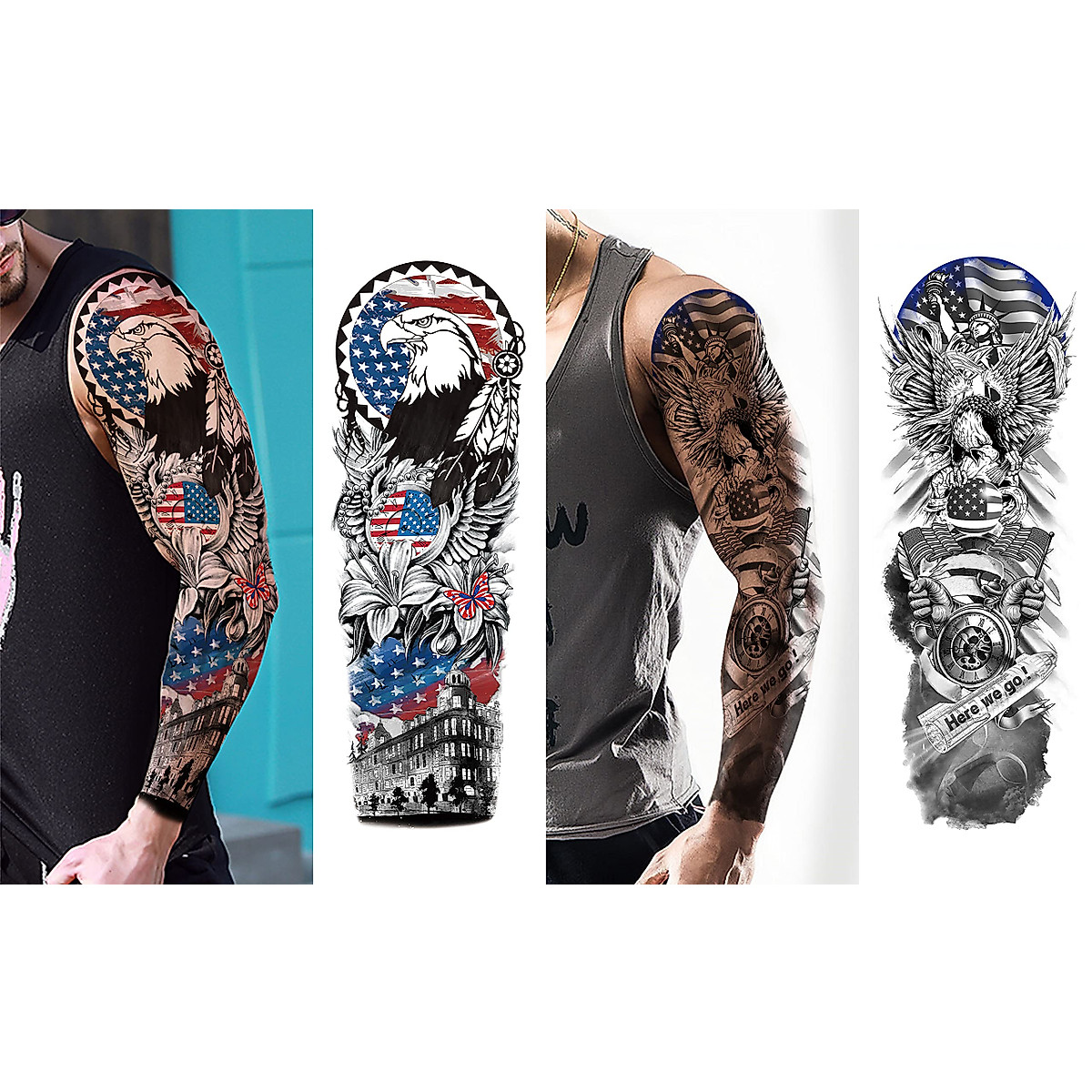 Aresvns Independence Day Temporary Tattoo 32 Sheets,USA Flag Sleeve Tattoo,Red White and Blue Party Supplies, 4th of July, Memorial Day, Labor Day Decorations Patriotic Tattoos