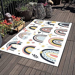 BAISTSAELER Large Area Runner Rug Movie Mat Cute Weather Elements Childish Boho Rainbows and Clouds Doodle Non-Slip Floor Mat Doormats Indoor Outdoor Carpet Mat Nursery Throw Rug Patio Mat,63 x 95 in