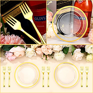 Eccliy 200 Pieces Gold Plastic Dessert Plate Sets 100 Clear Disposable Cake Plate 6 Inch and 100 Fork 5 Inch Gold Rim Round Salad Appetizer Plate Folk Set for Buffet Hotel Birthday Wedding Party
