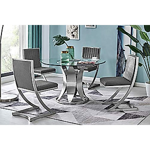 Armen Living Petal Modern Glass Round Pedestal Dining Table, Brushed Stainless Steel Finishing