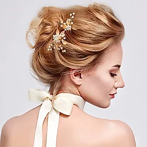 Waydress 6 Pcs Wedding Pearl Hair Pins Floral Hair Accessories Gold Leaf Head Piece Bridal Wedding Hair Clips for Women