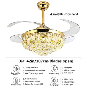 Lighting Groups 42" Invisible Crystal Black Ceiling Fans with 5 Light Bulbs Remote Control 4 Retractable Blades Bedroom Diningroom Fan Chandelier Indoor Ceiling Light Kits with Fans (42 Inch, Black F)
