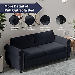 ijuicy 74" Full Size Pull Out Sofa Bed, 2-in-1 Pull Out Couch Bed with Rivets Armrest, Linen Sleeper Sofa with Memmory Foam Mattress,Modern Sofa Bed for Living Room(Upgraded/Dark Grey/Full)