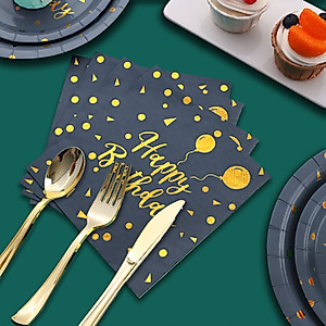 joy akkess 175 Pcs Blue Birthday Party Supplies - Blue Birthday Plates and Napkins Set Serves 25 - Blue and Gold Birthday Plates Napkins Cups Cutlery for Men Happy Birthday Party Decorations