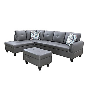 NOTOP 3-Piece Faux Leather L-Shaped Sectional Sofas, Button Tufted Upholstered Couch Set with Left Chaise Longue and Storage Ottoman, for Living Room, Home, Office, Dark Grey