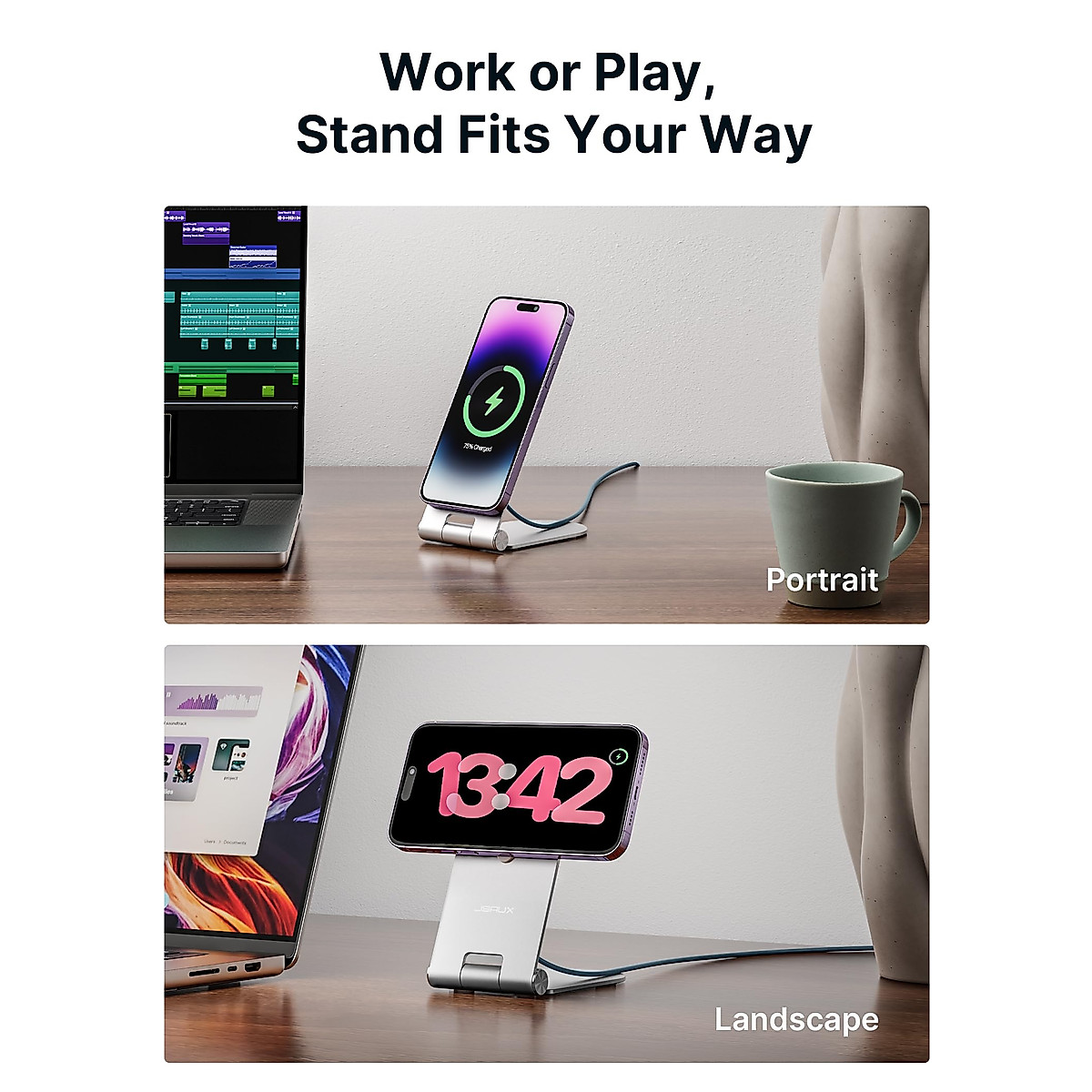 Compatible with MagSafe Charger for iPhone 15 - JSAUX Magnetic Wireless Charger Stand for iPhone 15/15 Pro/15 Plus/15 Pro Max/14 13 12, Magnet Charging Pad (Blue) with 20W PD Adapter and Metal Stand