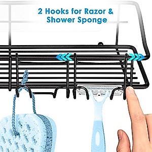 ODesign Adhesive Bathroom Shelf Shower Caddy with Hooks Razor Bath Sponge Holder Kitchen Storage Organizer Spice Rack Wall Mount No Drilling Rustproof Stainless Steel Black - 2 Tier