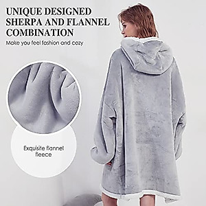 Viviland Hoodie Sherpa Blanket Sweatshirt Soft Warm Plus Large Front Pocket Tv Blankets for Adult, Grey