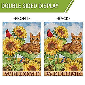 Furiaz Cat Cardinal Sunflower Welcome Spring Decorative Small Garden Flag, Summer Yard Orange Kitty Tabby Red Bird Outside Decoration, Fall Autumn Outdoor Burlap Decor Double Sided 12 x 18