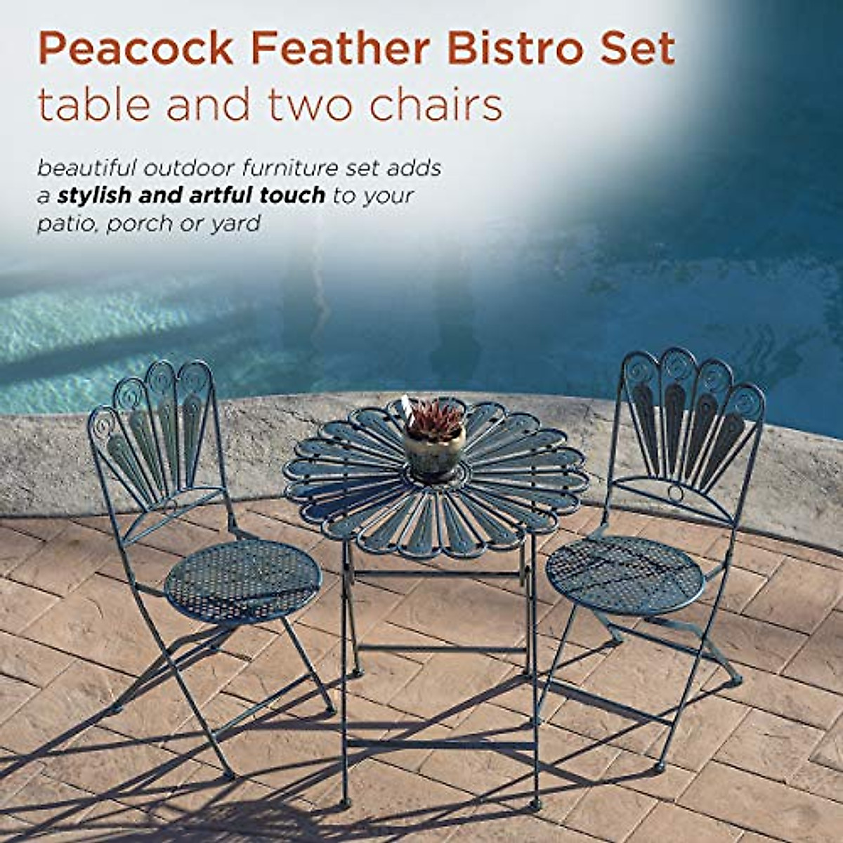 Alpine Corporation Indoor/Outdoor 3-Piece Peacock Feather Rustic Metal Bistro Set Patio Seating, Light Blue