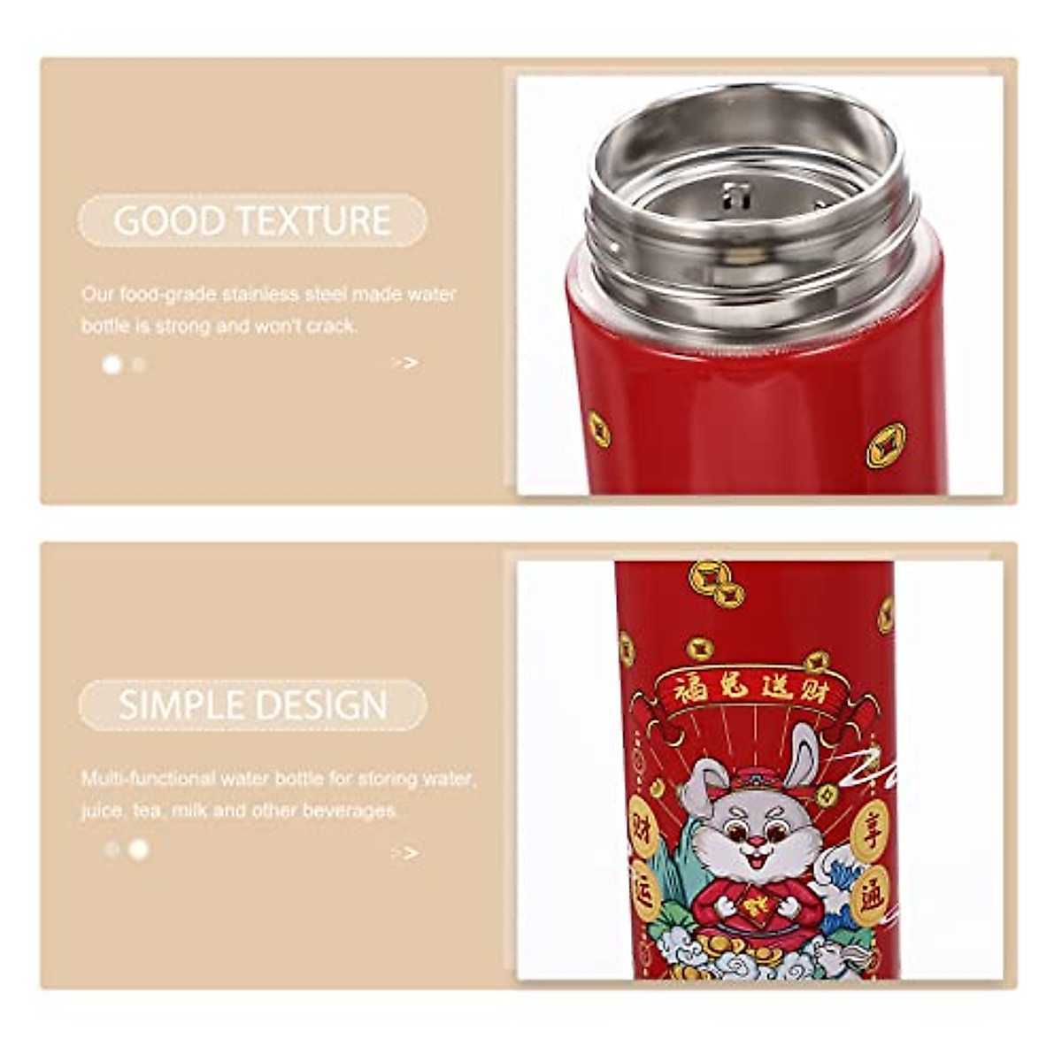 Veemoon Chinese New Year Gifts Vacuum Insulated Water Bottle Chinese Stainless Steel Insulated Cup Portable Metal Drink Cup 2023 Year Water Bottle for Coffe、Milk、Tea