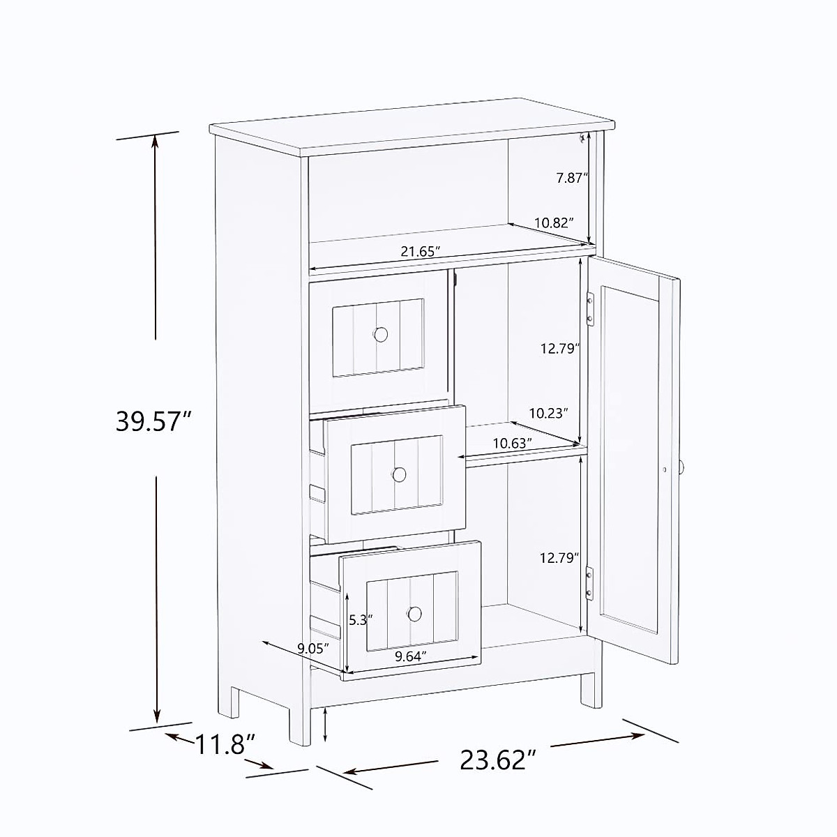 Knocbel Bathroom Floor Storage Cabinet with 3 Drawers, Open Compartment and Single Door, Free Standing Bath Organizer Unit, 23.6" W x 11.8" D x 39.6" H (White)