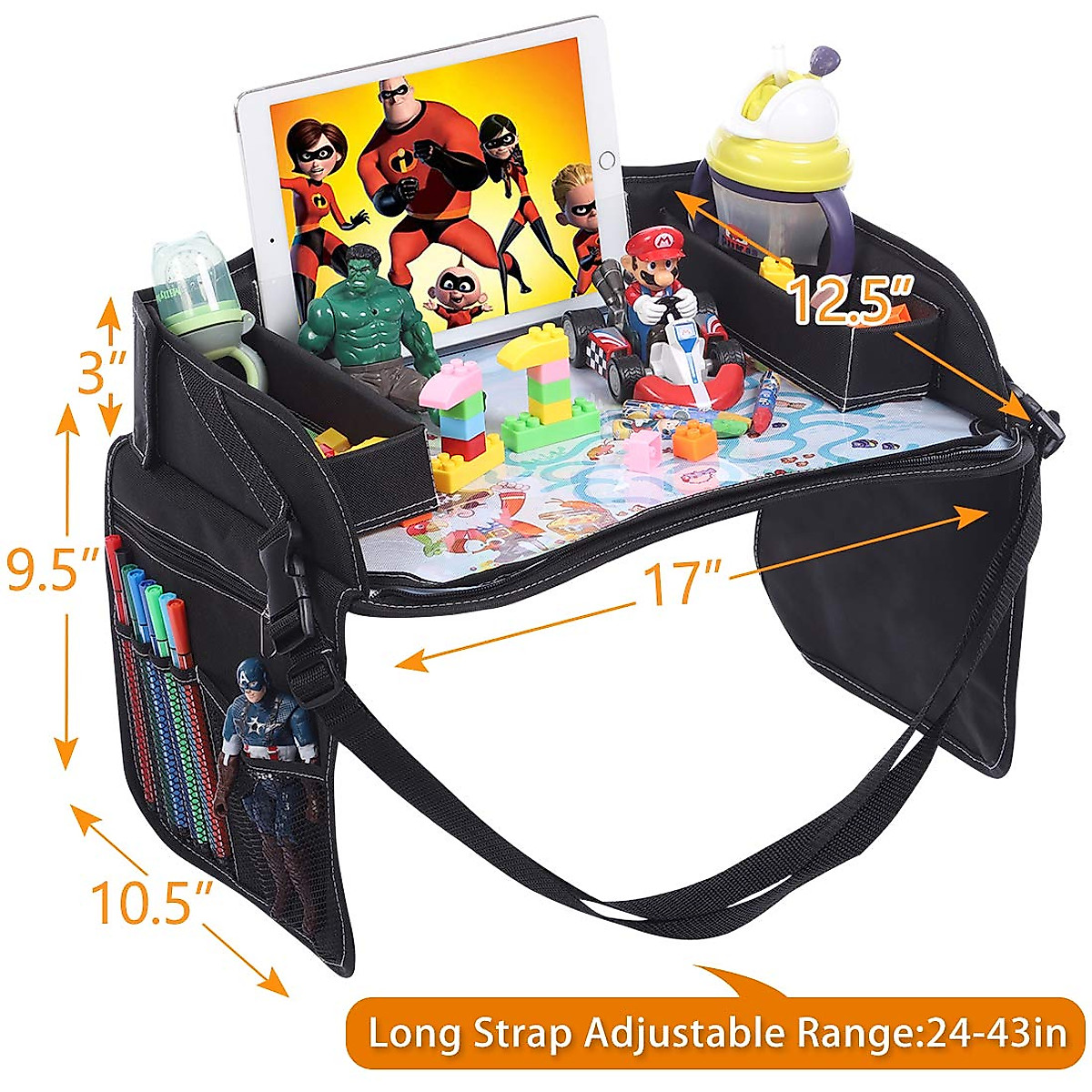 Innokids Kids Travel Lap Tray Children Car Seat Activity Snack and Play Tray Desk with Erasable Surface, iPad & Tablet Holder, Detachable Organizers for Cars, Planes & Baby Stroller (Black)