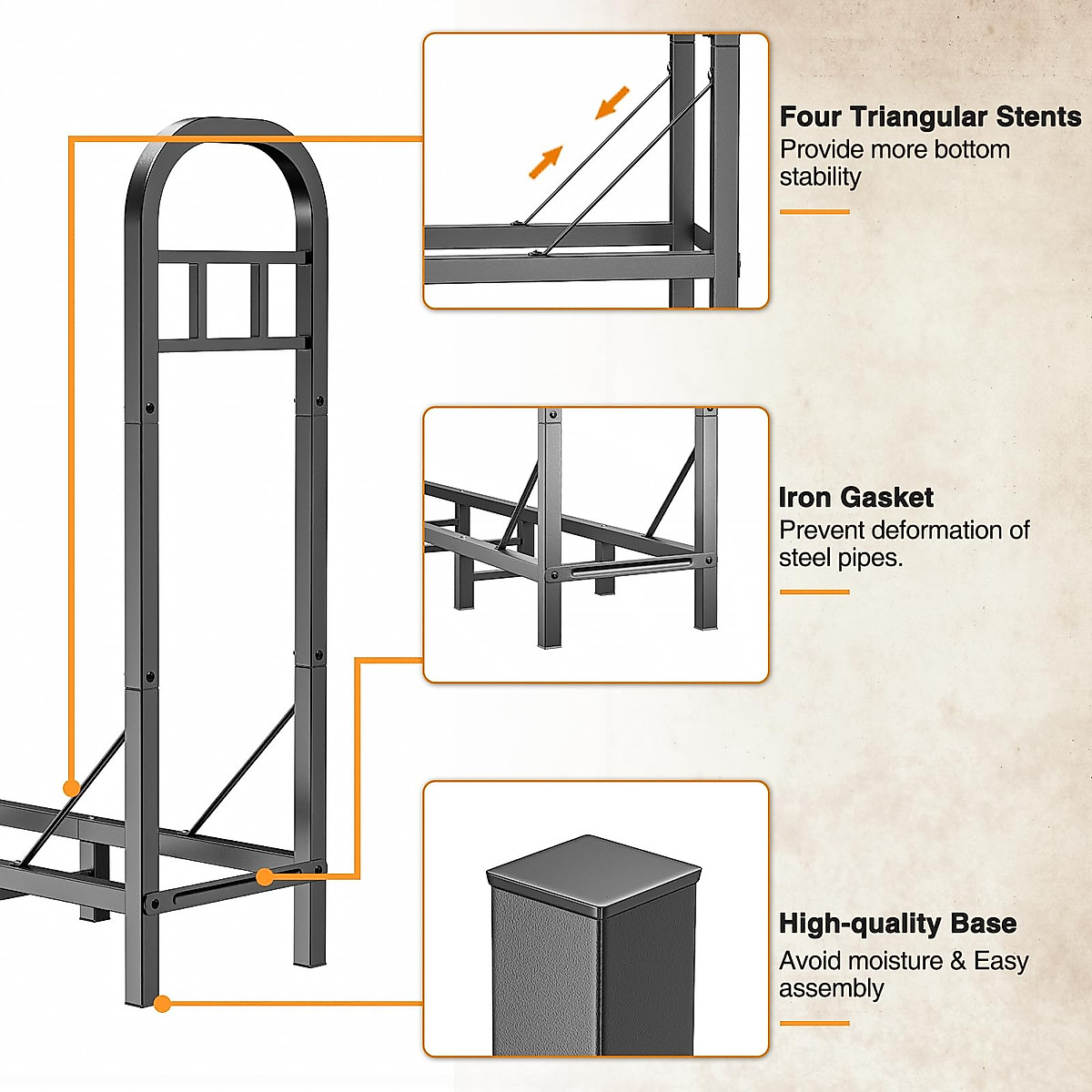 GREENER 8FT Firewood Rack Outdoor Heavy Duty Wood Rack for Firewood Indoor Log Holder for Fireplace, Fire Wood Holder Metal Lumber Storage Carrier Firewood Log Rack Stand Stacker for Patio Porch Black