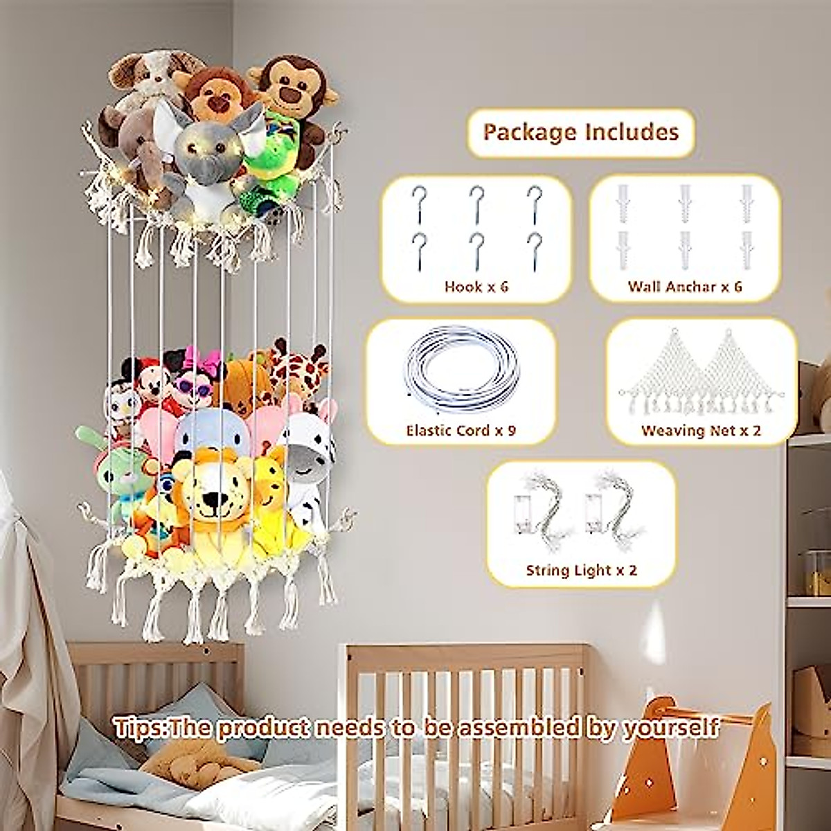 Timart Stuffed Animal Net or Hammock, Length Adjustable Stuffed Animal Storage, Corner Plush Toys Holder with Lights, Boho Mesh Decoration Hanging Toy Organizer for Kids Bedroom