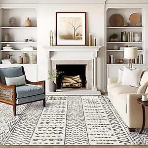 Art&Tuft 9x12 Area Rug, Super Soft Ultra-Thin Moroccan Washable Rug, Anti-Slip Backing Area Rugs 9x12 Living Room, Foldable Geometric Machine Washable Area Rug(9'x12', Ivory)