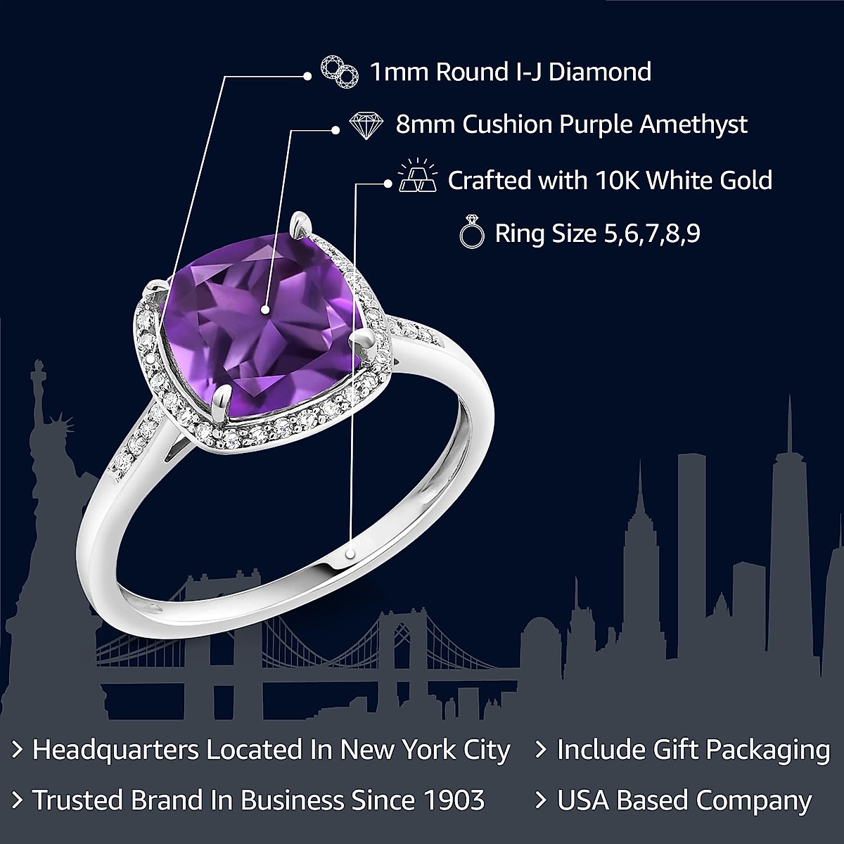 Gem Stone King 10K White Gold Cushion Cut 8MM Gemstone Birthstone and Accent Diamonds Halo Engagement Ring For Women | Wedding Anniversary Promise Ring For Women | Available In Size 5, 6, 7, 8, 9