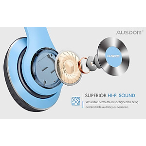 AUSDOM Lightweight Over-Ear Wired HiFi Stereo Headphones with Built-in Mic Comfortable Leather Earphones- Blue