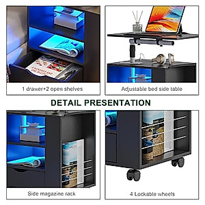 HNEBC LED Nightstand with Wireless Charging Station,Nightstand Has Adjustable Rotary Table,Bedside Tables with One Drawer and 2 Mezzanines/Infrared Induction 3 Color Lighting (On The Right)